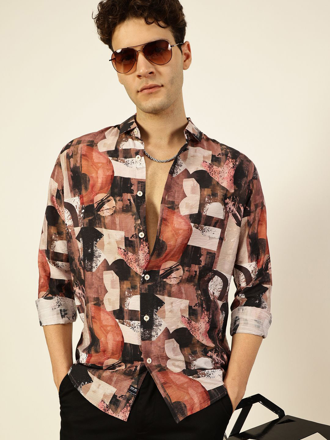 Buy Thomas Scott Men Premium Spread Collar Abstract Printed Cotton Slim ...