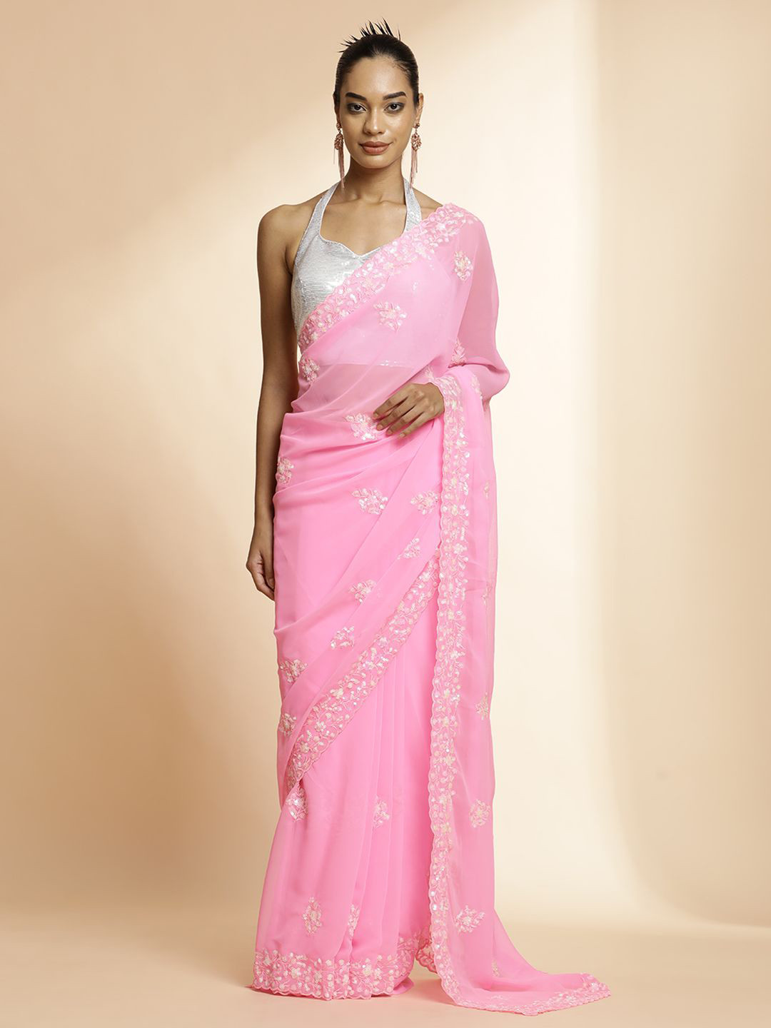 Buy Jaipur Kurti Floral Sequinned Pure Georgette Saree - Sarees for ...