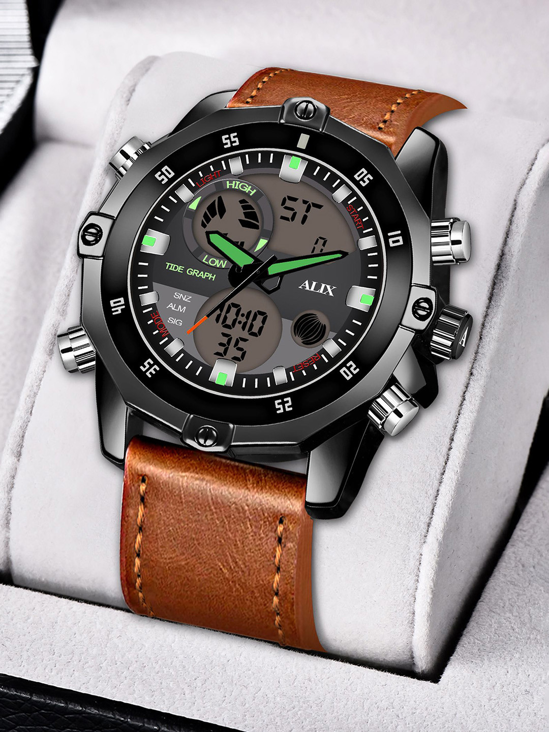 Buy ALIX Men Brass Patterned Dial & Leather Straps Analogue And Digital ...