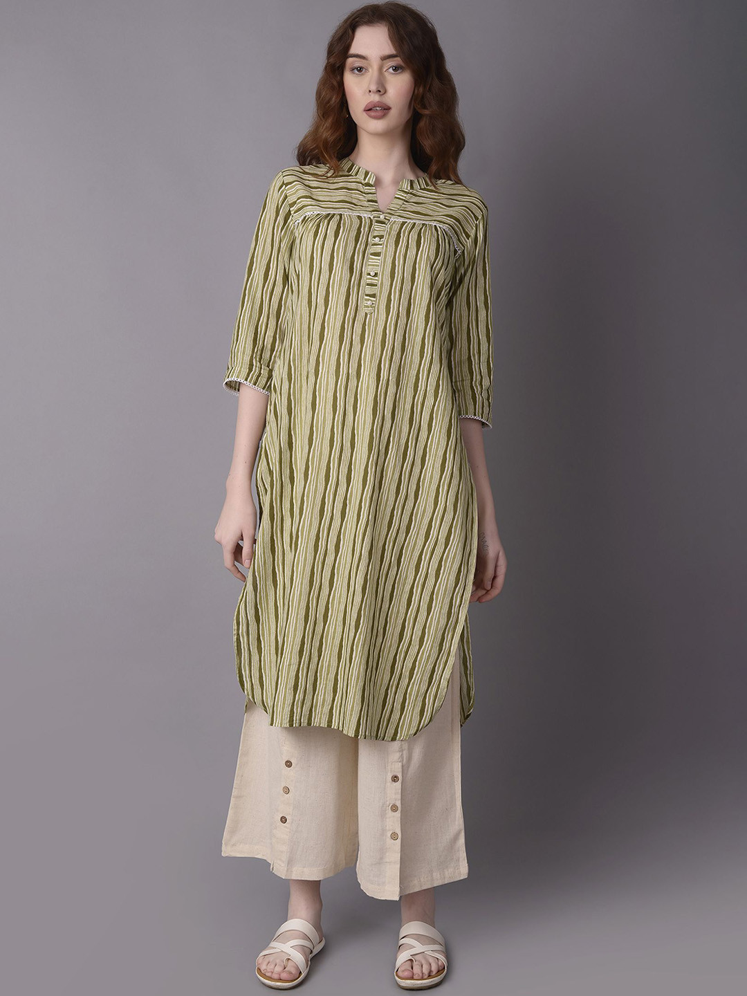 Buy Shree Striped Mandarin Collar Cotton Straight Kurta - Kurtas for ...