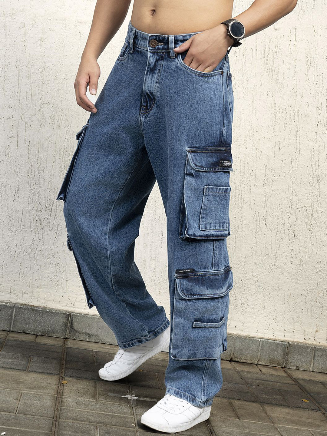Buy Hubberholme Men Relaxed Fit Light Fade Pure Cotton Cargo Jeans ...