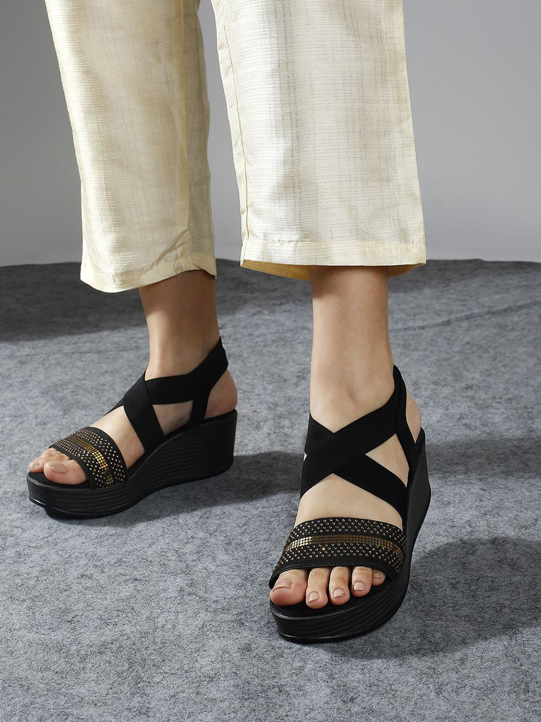 Buy Inc 5 Embellished Open Toe Wedge Heels Gladiators With Backstrap ...