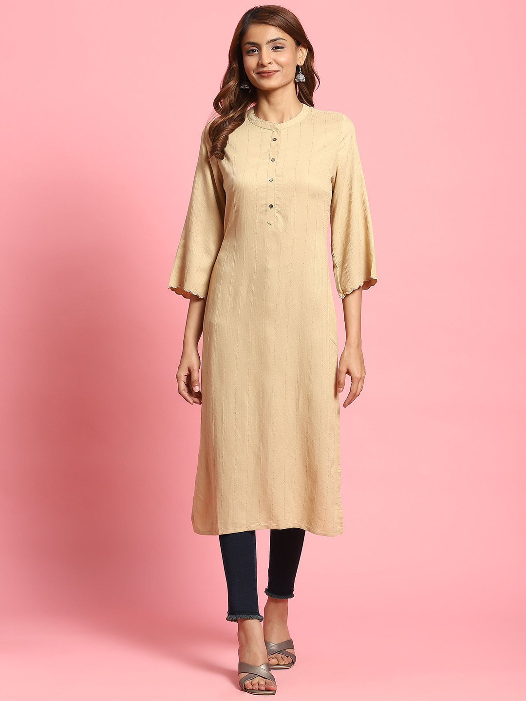 Buy Shree Striped Thread Work Mandarin Collar Straight Kurta - Kurtas ...