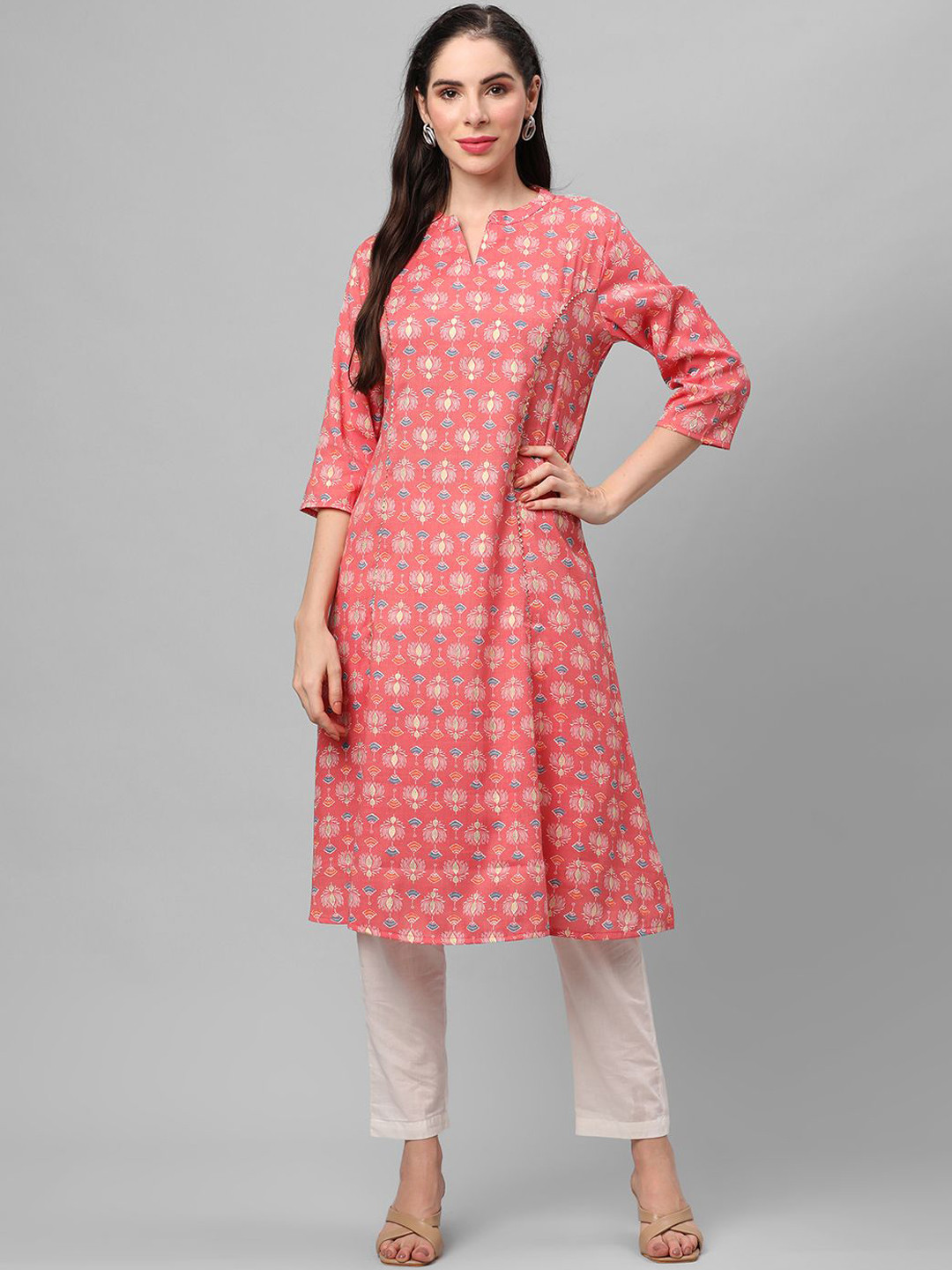 Buy Shree Ethnic Motifs Printed Mandarin Collar Three Quarter Sleeves A ...