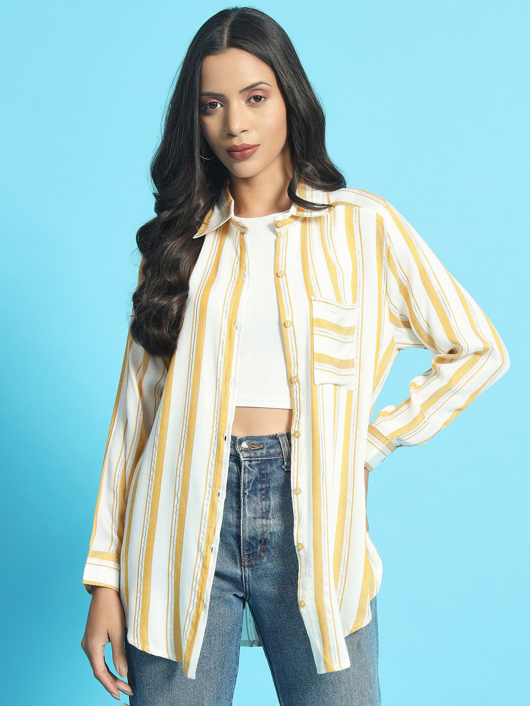 Buy CHIMPAAANZEE Women Spread Collar Vertical Striped Oversized Casual ...