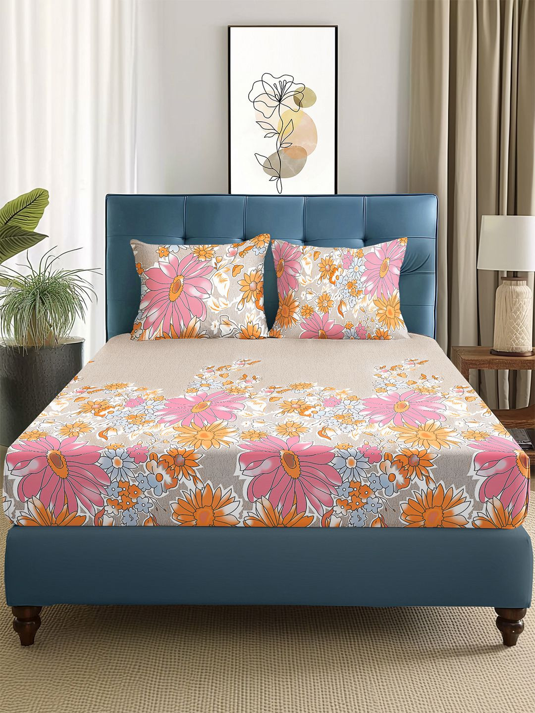 Buy Story@home Beige & Pink Printed 180 TC Microfiber Queen Bedsheet ...