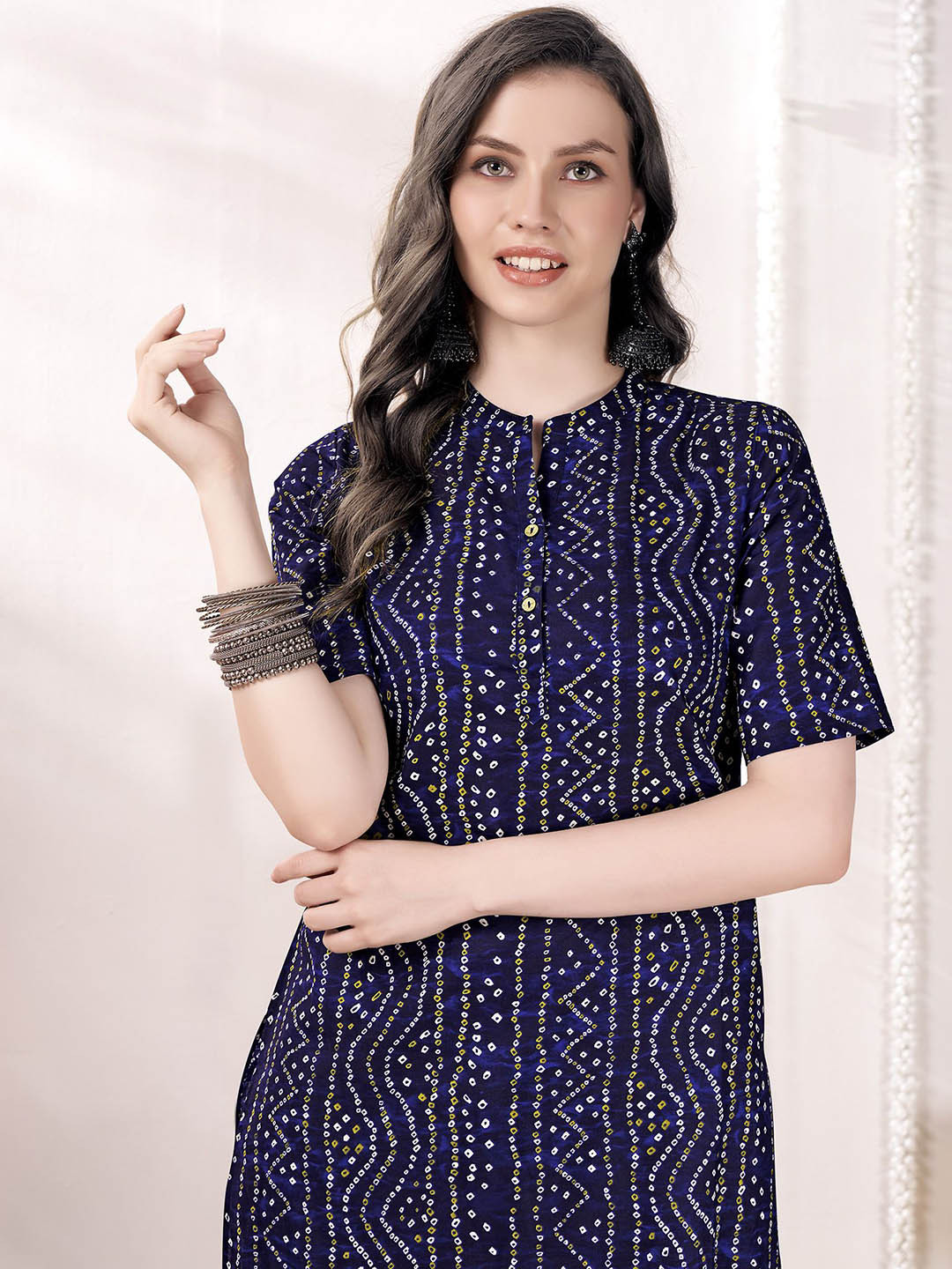 Buy Anouk Rustic Bandhani Printed Mandarin Collar Pure Cotton Straight ...