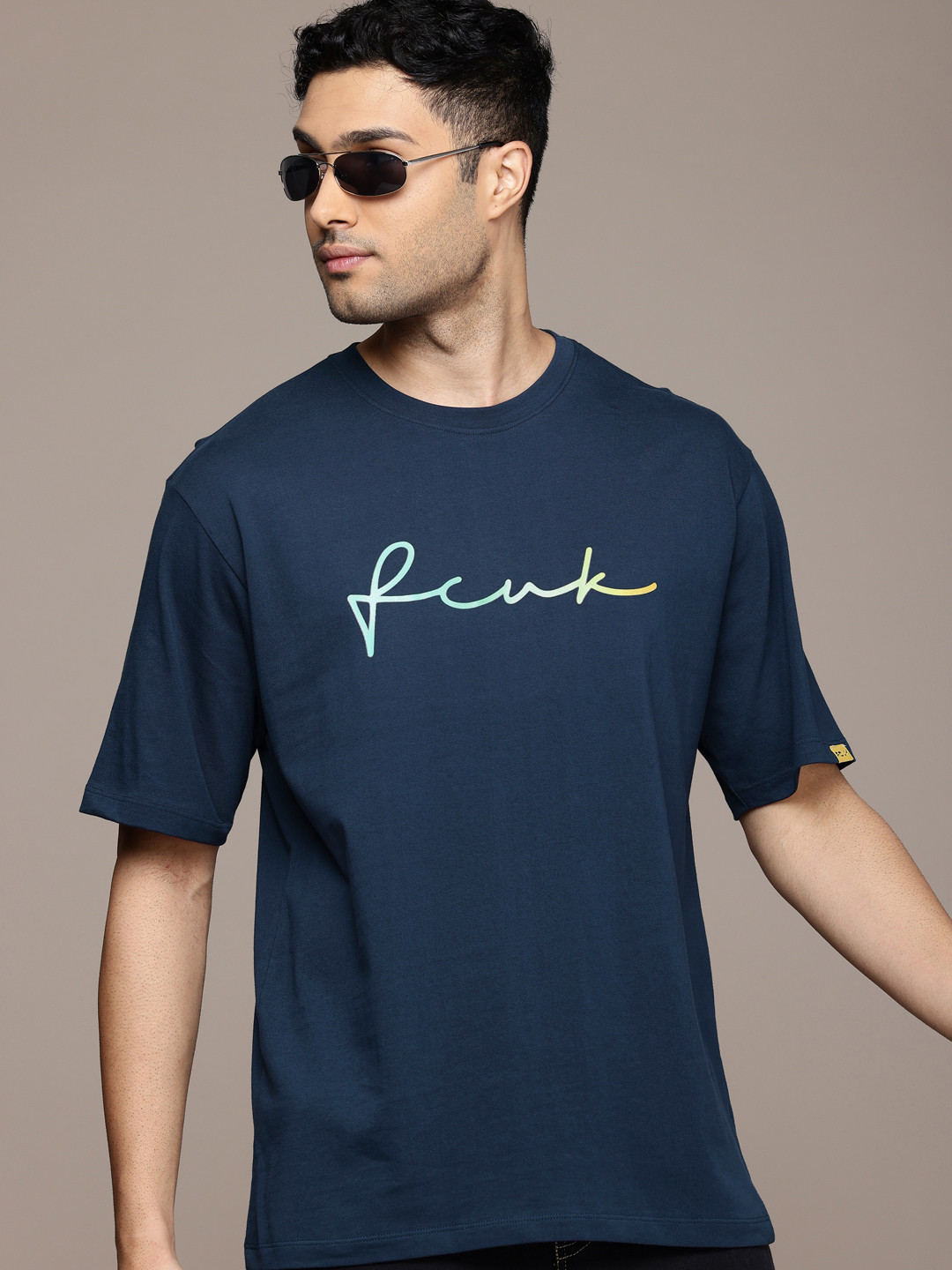Buy FCUK Brand Logo Printed Drop Shoulder Sleeves Relaxed Pure Cotton T ...