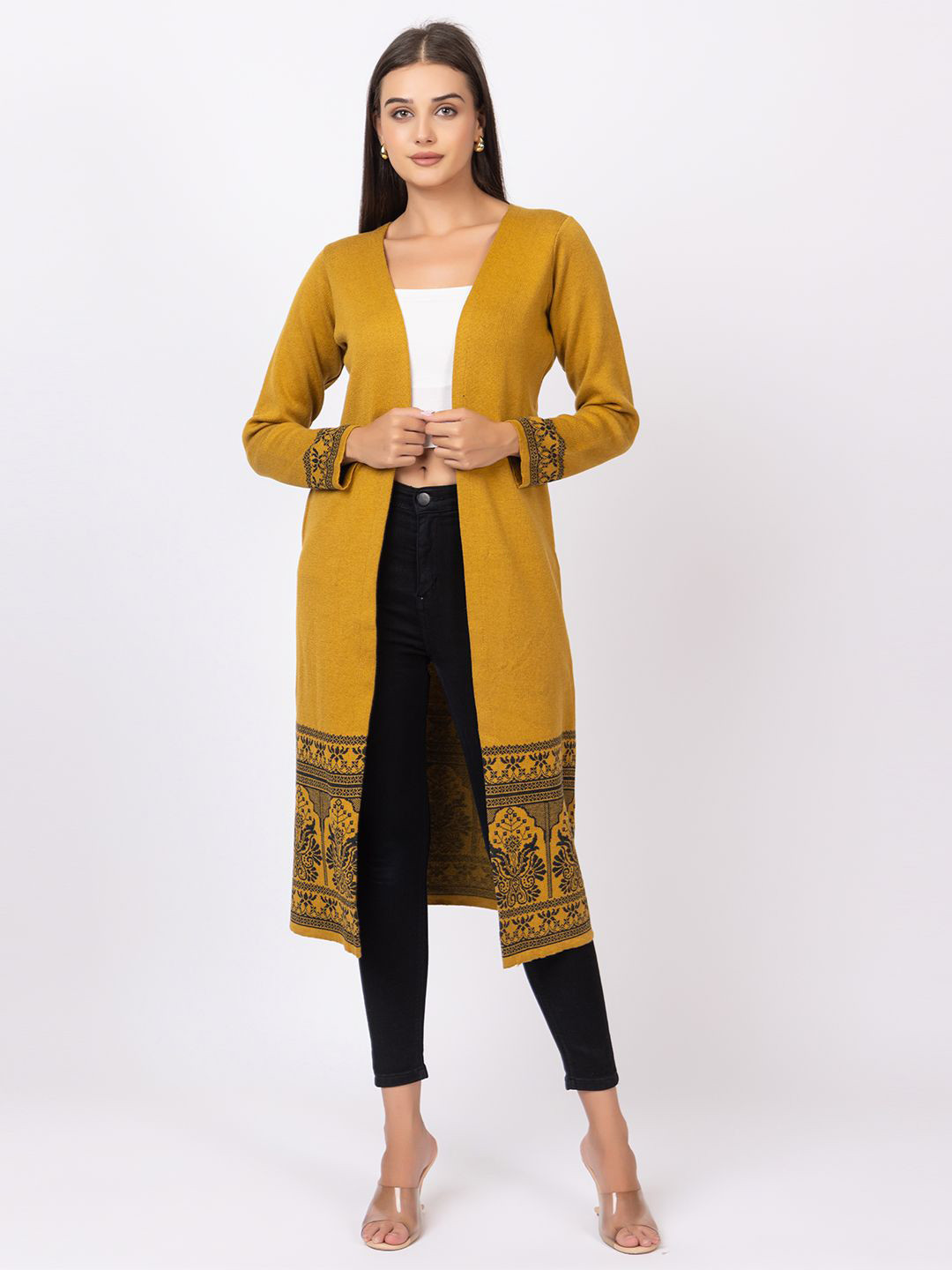 Buy Anouk Mustard Yellow Ethnic Motifs Printed V Neck Winter Open Front ...