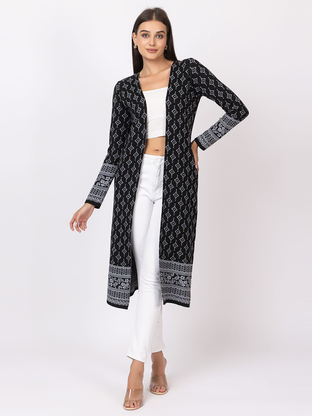 Buy Anouk Black Ethnic Motifs Printed V Neck Winter Open Front Longline ...