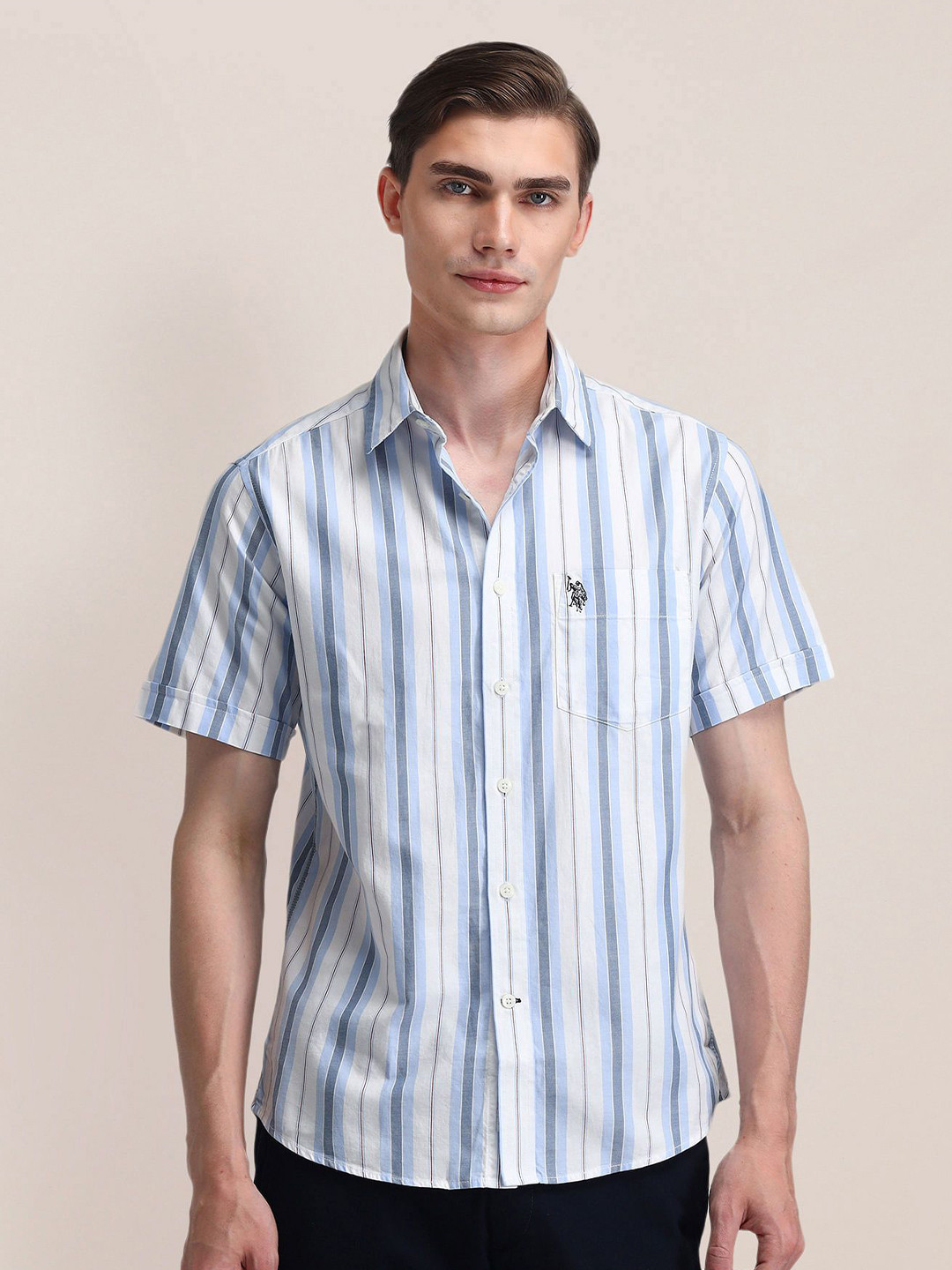 Buy U.S. Polo Assn. Men Classic Spread Collar Vertical Striped Cotton ...