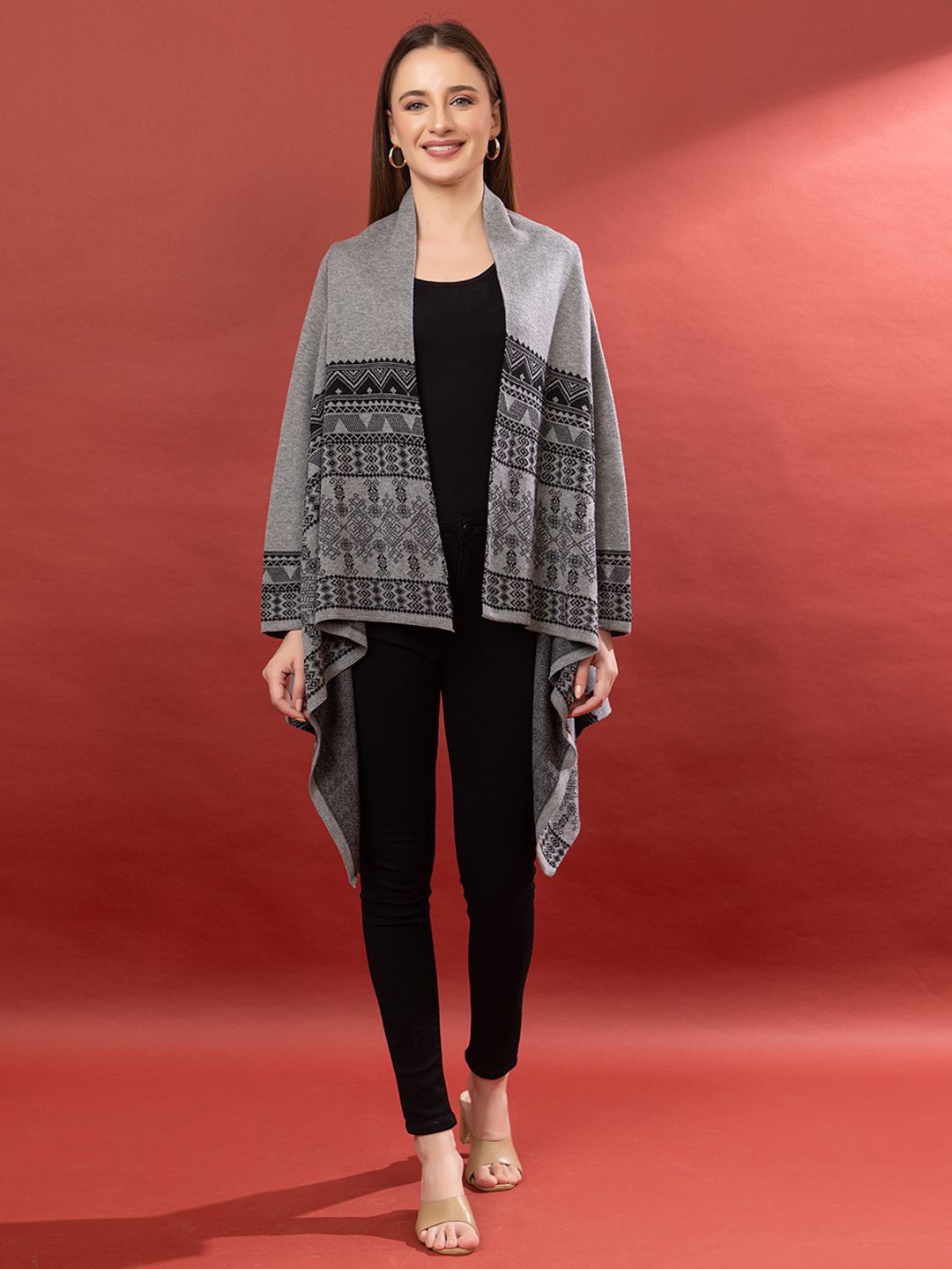 Buy Anouk Grey Ethnic Motifs Printed V Neck Winter Waterfall Shrug ...