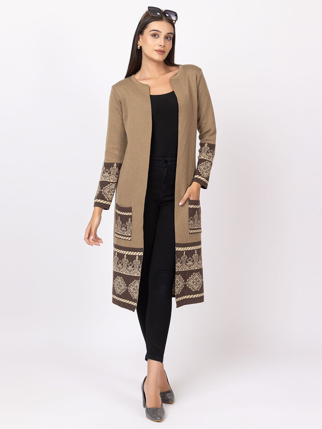 Buy Anouk Beige Ethnic Motifs Printed V Neck Winter Open Front Longline ...