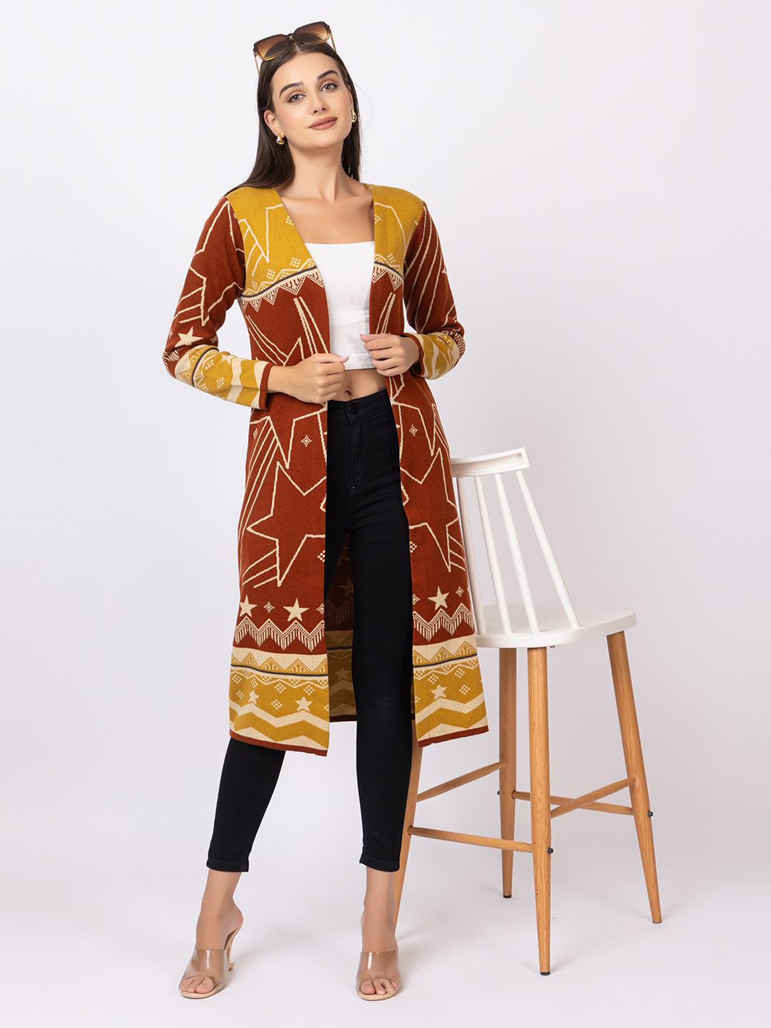 Buy Anouk Rust Geometric Printed V Neck Winter Open Front Longline ...