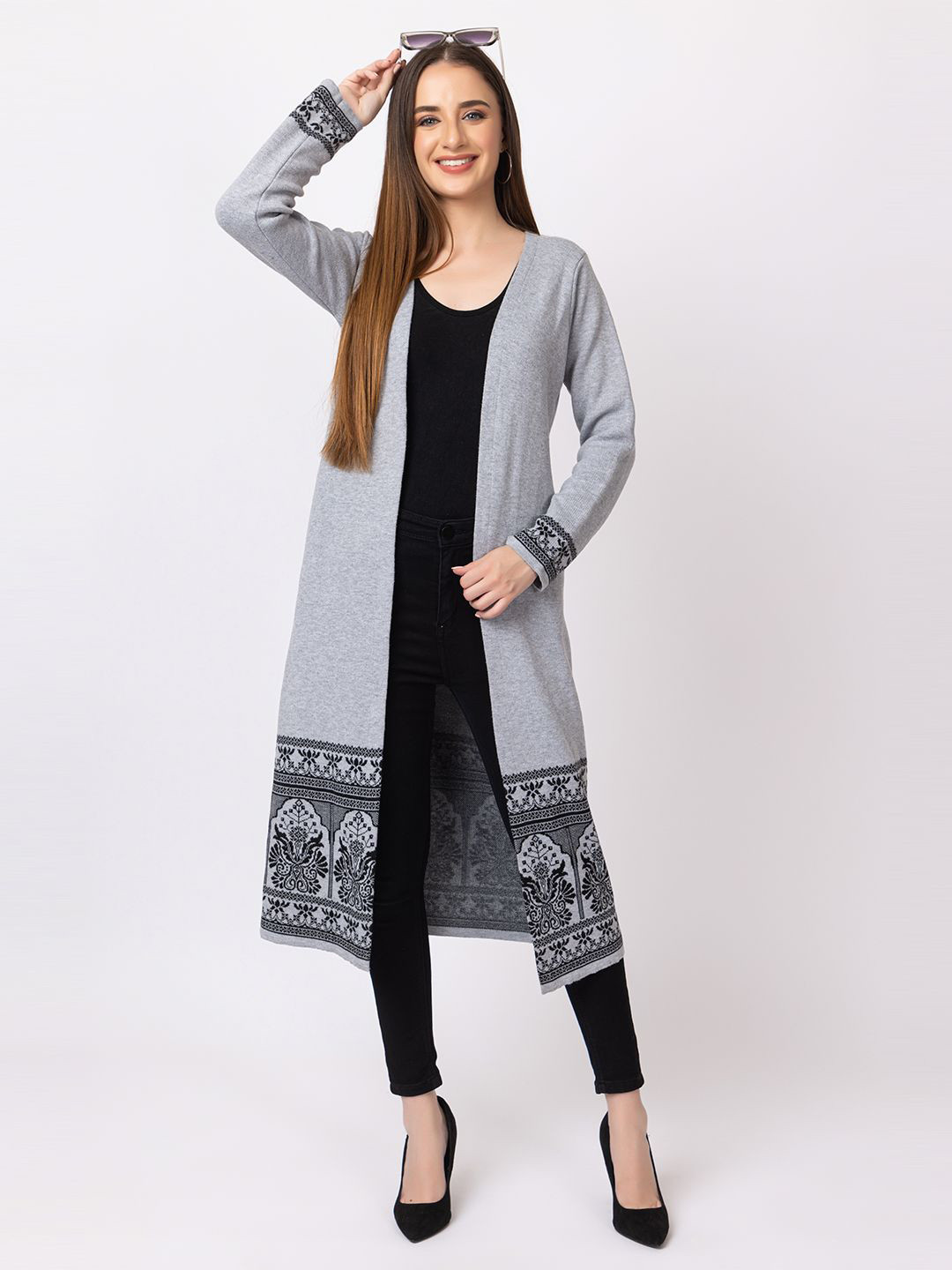 Buy Anouk Grey Ethnic Motifs Printed V Neck Winter Open Front Longline ...