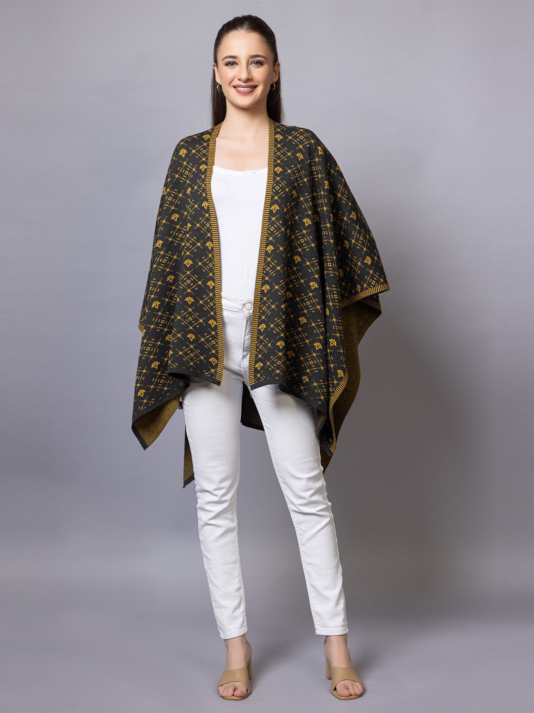 Buy Anouk Grey Ethnic Motifs Printed V Neck Winter Open Front Shrug ...