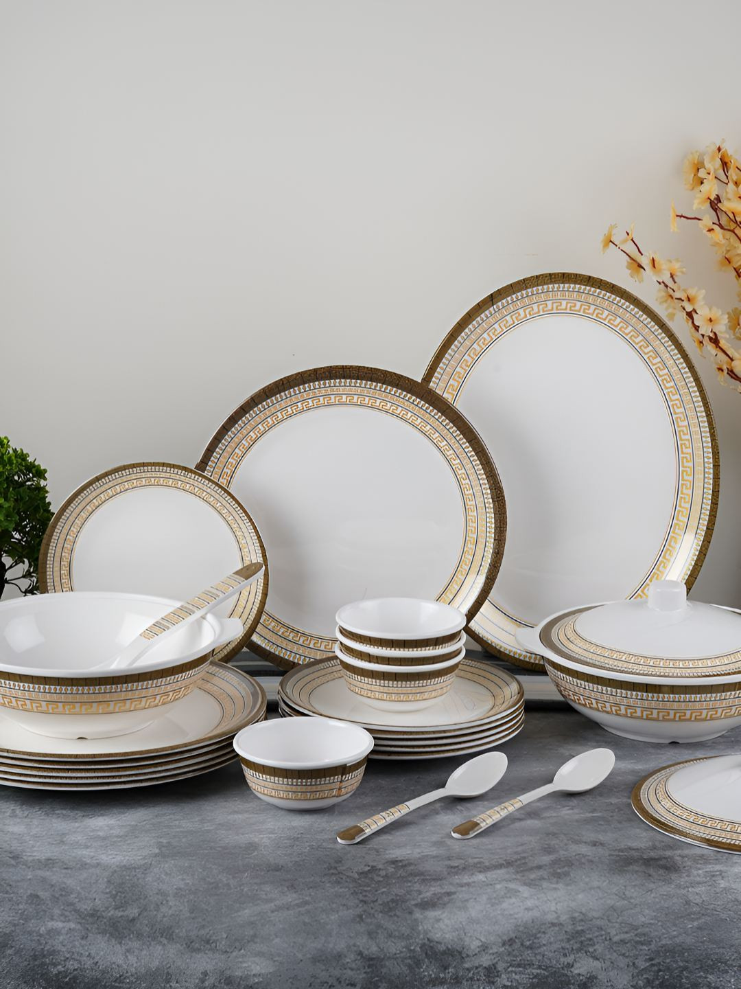 Buy Aura White And GoldToned 40 Pieces Printed Melamine Dinner Set ...