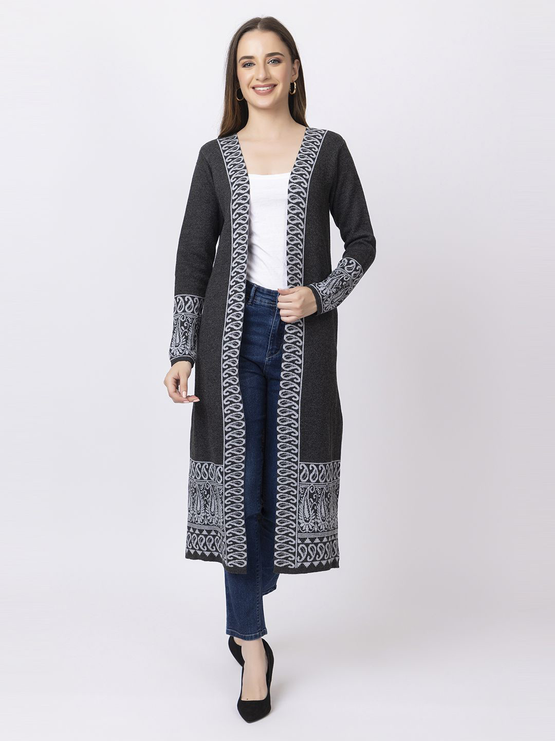 Buy Anouk Charcoal Ethnic Motifs Printed V Neck Winter Open Front ...