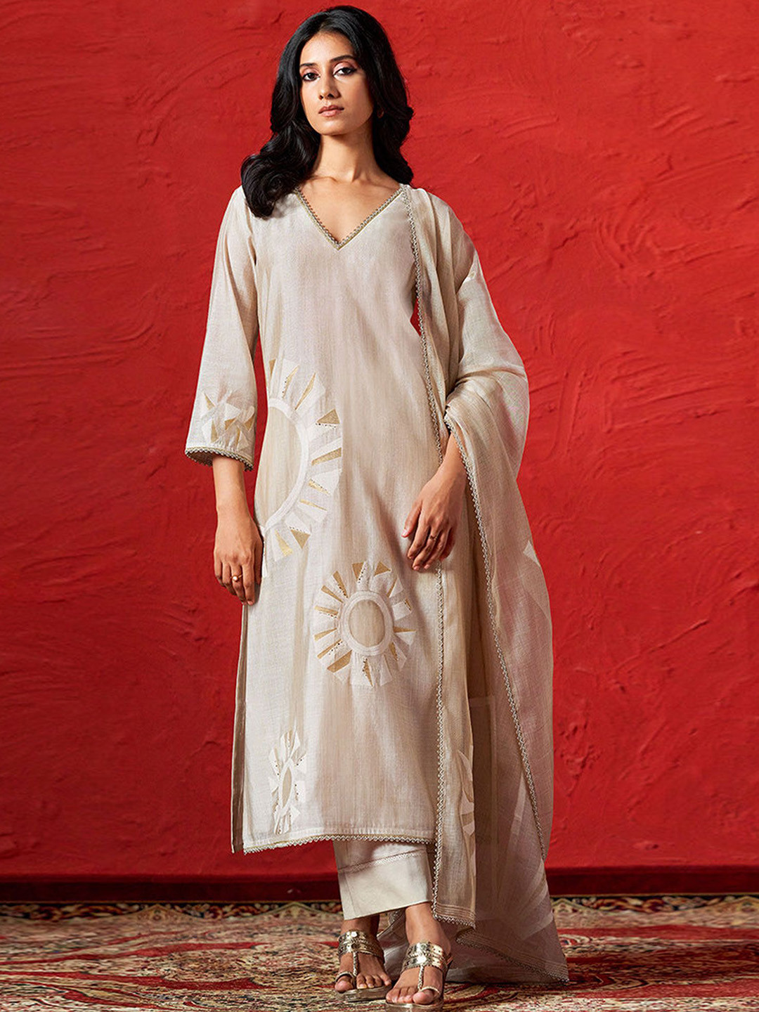 Buy Ganga Women Regular Chanderi Silk Kurta With Palazzos & With ...
