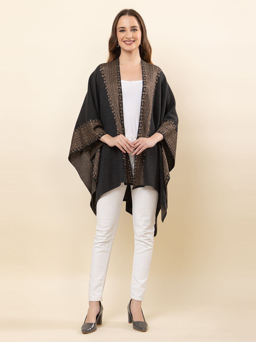 Buy Anouk Charcoal Ethnic Motifs Printed V Neck Winter Open Front Shrug ...