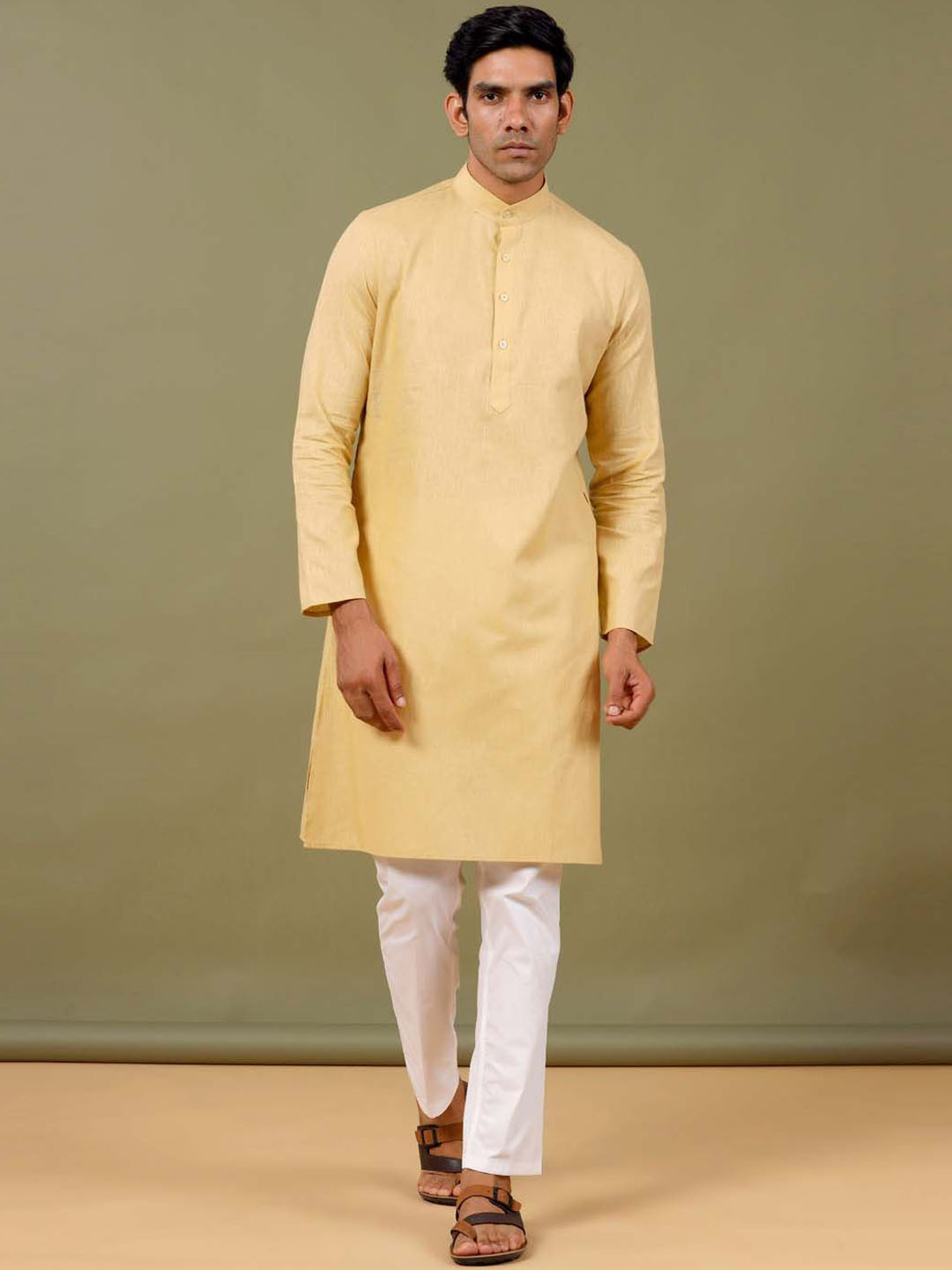 Buy Tistabene Mandarin Collar Long Sleeves Linen Straight Kurta ...