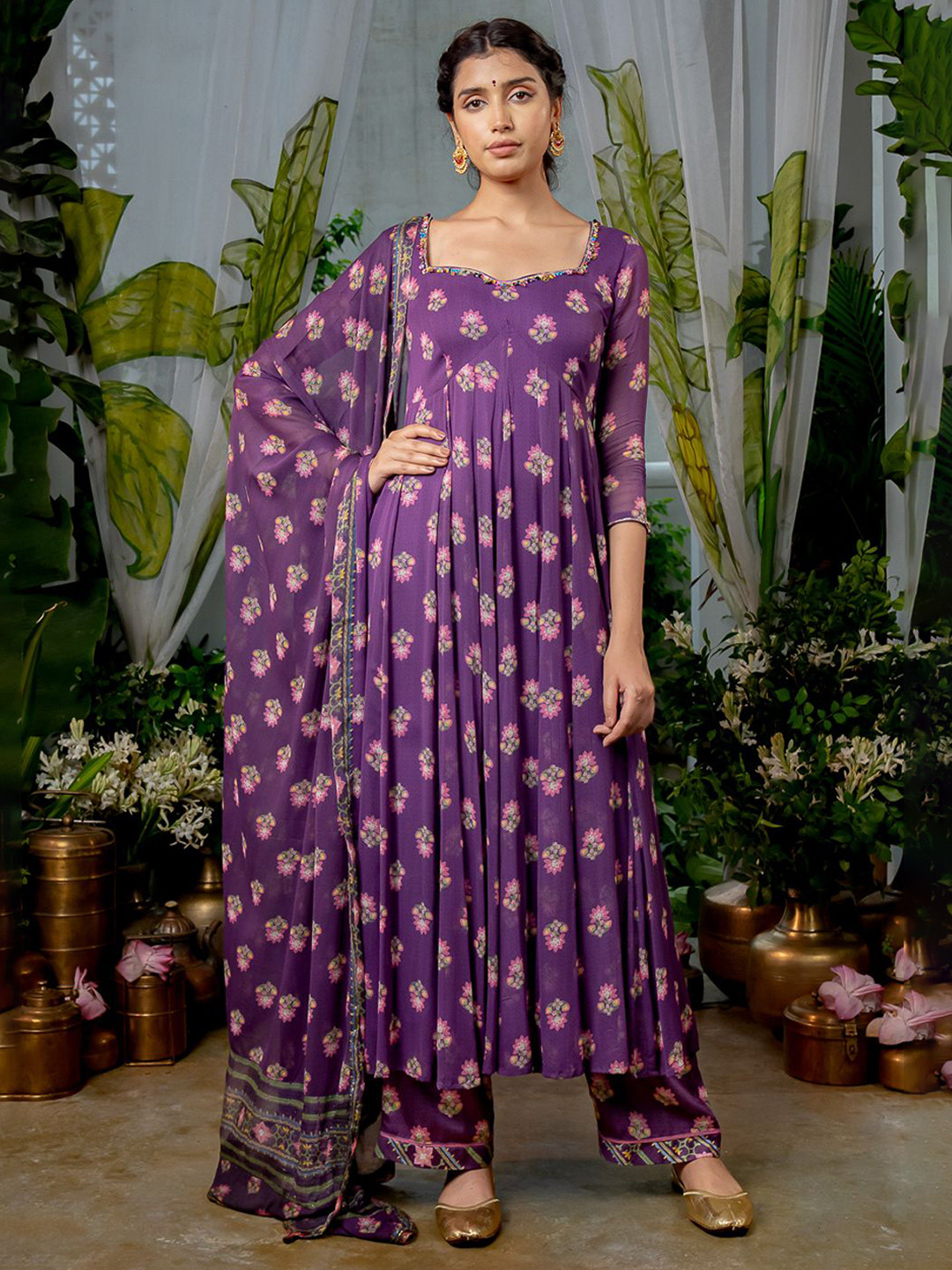 Buy Baise Gaba Floral Printed Pleated Beads And Stones Kurta With ...