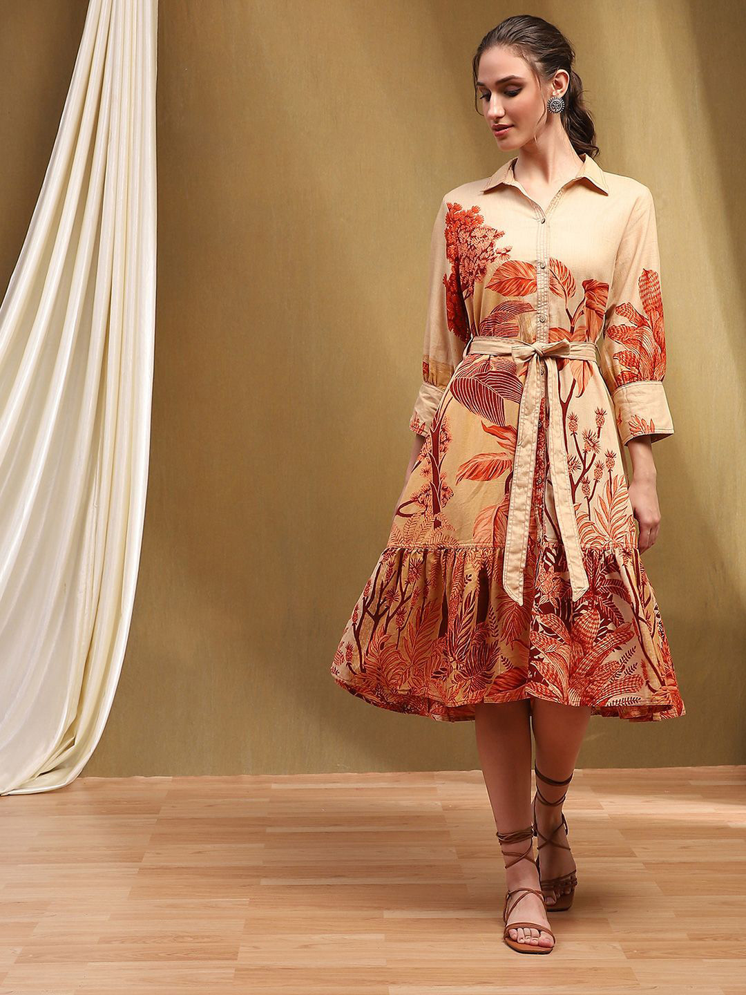 Buy Biba Floral Print Shirt Dress SCARLET ACCENT2776_Beige Beige ...
