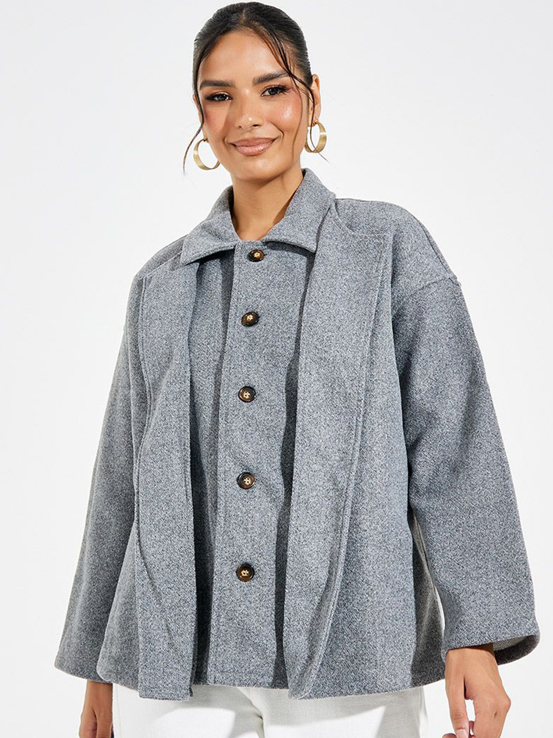 Buy Styli Women Oversized Fit Long Length Mock Double Layer Jacket ...