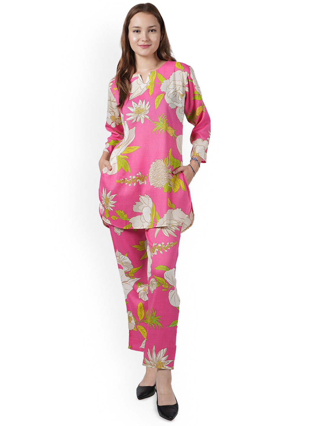 Buy BAESD Floral Printed Notched Neck Tunic With Trouser - Co Ords for ...