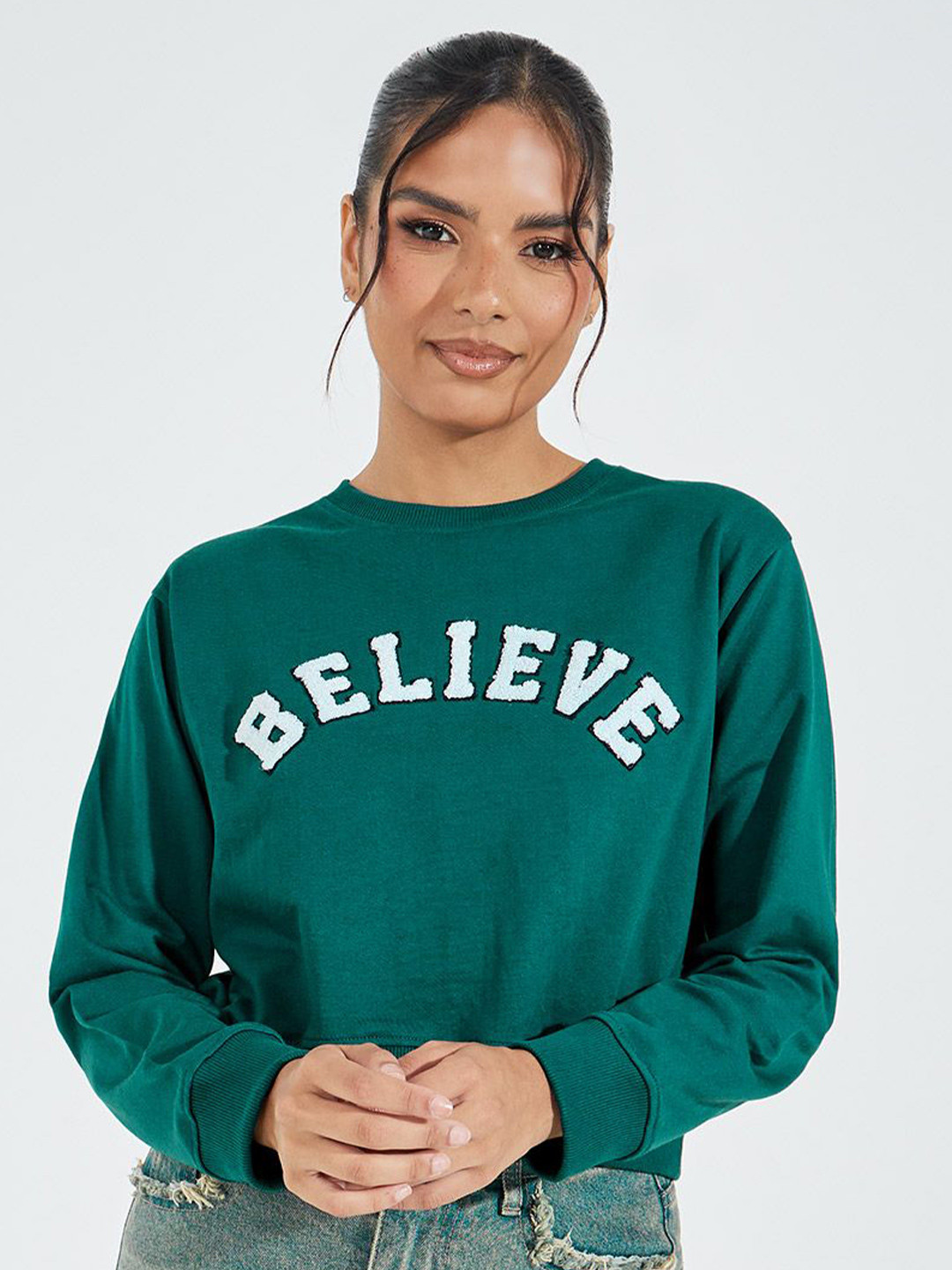 Buy Styli Women Embroidered Regular Fit Short Length Sweatshirt ...