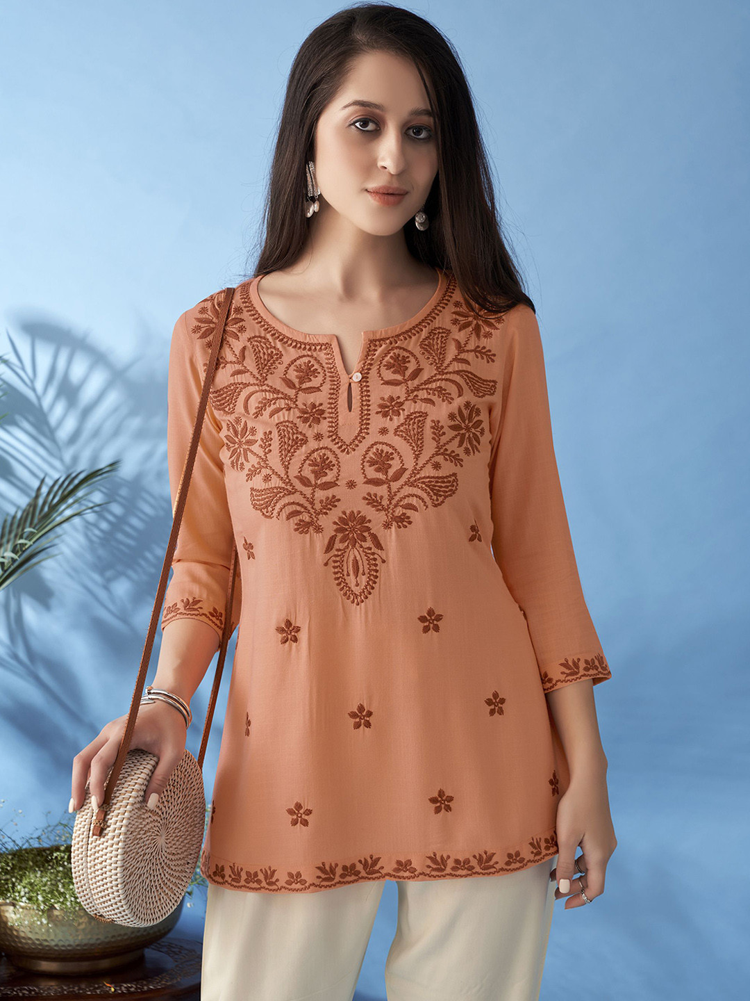 Buy Anouk Floral Embroidered Notched Neck Thread Work Short Kurti ...