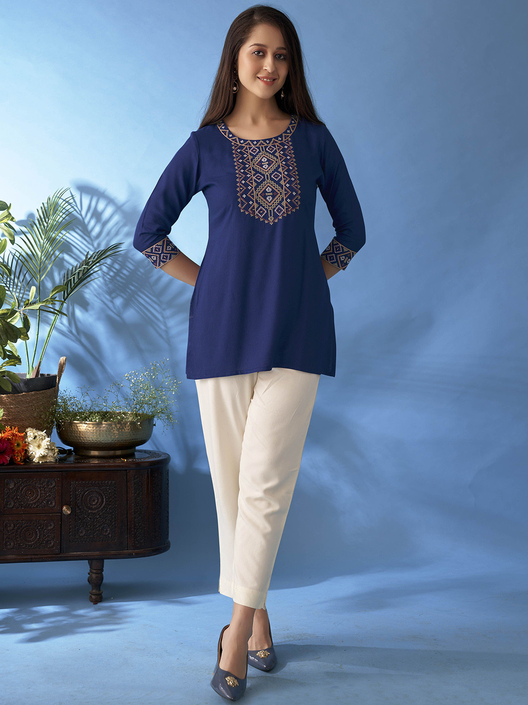 Buy Anouk Floral Yoke Design Round Neck A Line Short Kurti - Kurtis for ...