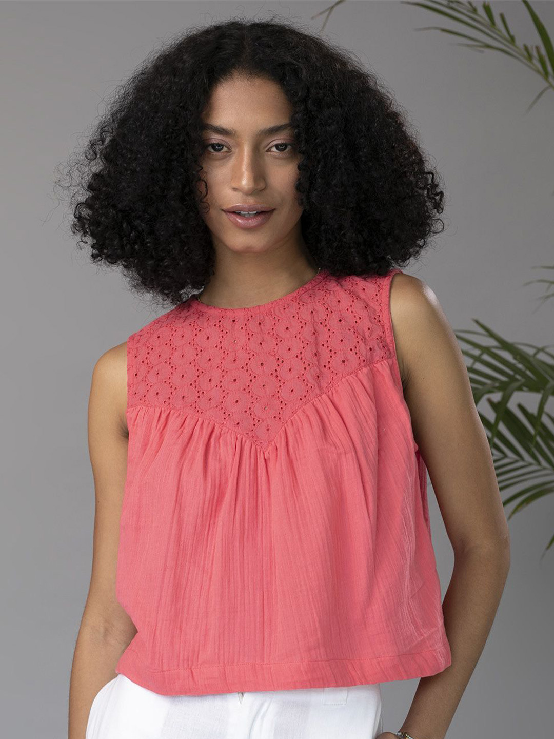 Buy DressBerry Women Self Design Schiffli Round Neck Cotton Top - Tops ...
