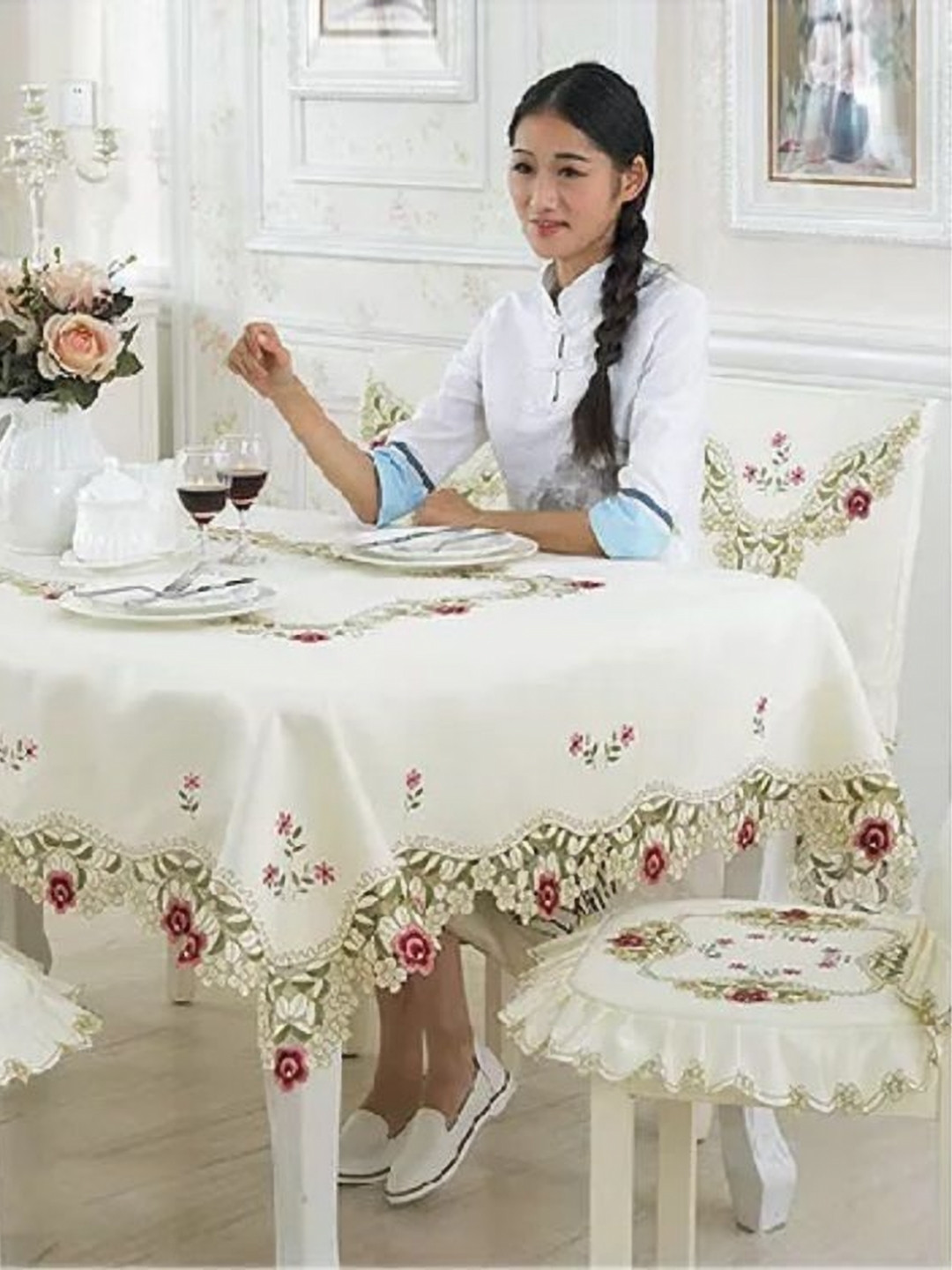 Buy TANLOOMS Cream Coloured & Pink 6 Seater Floral Embroidered ...