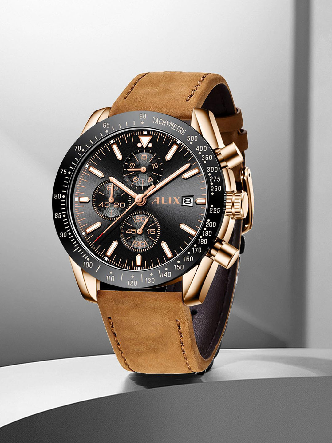 Buy ALIX Men Brass Dial & Leather Straps Analogue Chronograph Watch ...