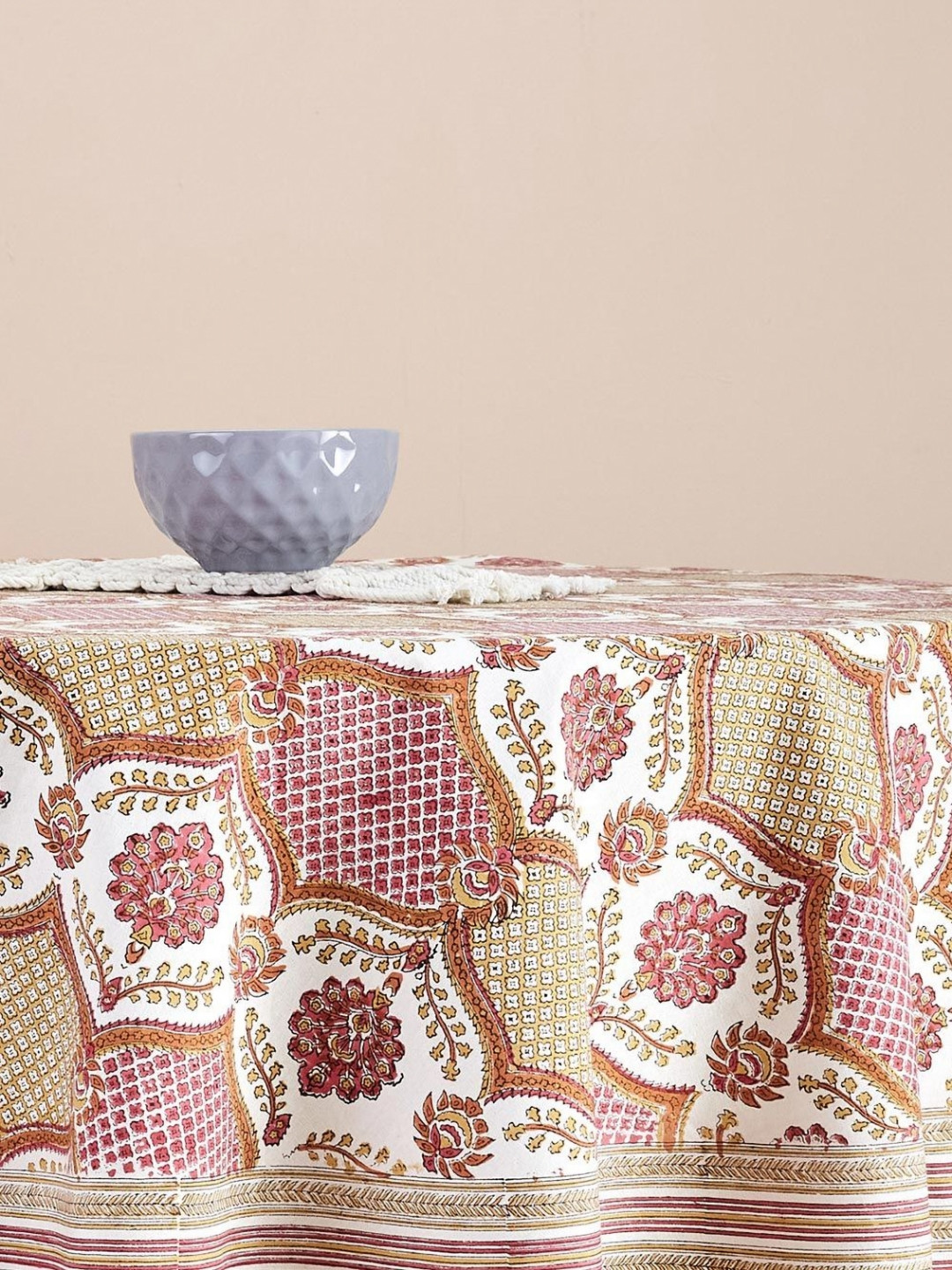 Buy Fabindia White & Pink Floral Printed Round Shaped 6 Seater Cotton ...