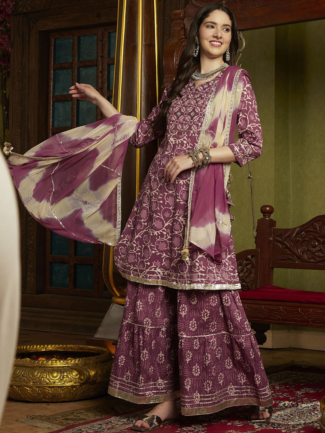 Buy Sangria Floral Printed Pleated Mirror Work Pure Cotton Kurta With Sharara & Dupatta - Kurta ...