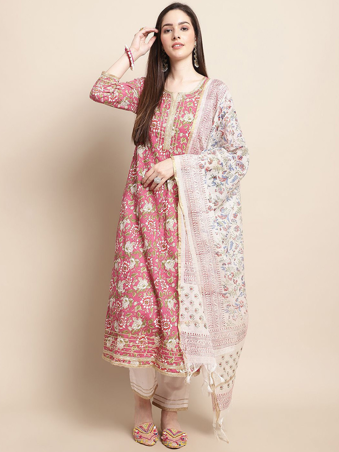 Buy Sangria Floral Printed Gotta Patti Pure Cotton Anarkali Kurta With Trousers & Dupatta ...