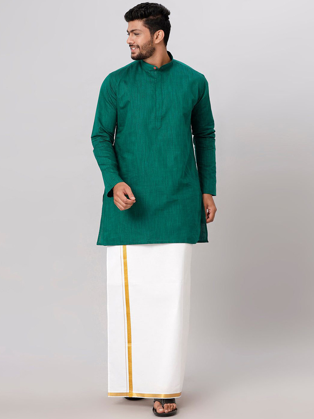 Buy Ramraj Mandarin Collar Pure Cotton Straight Kurta With Golden Zari ...