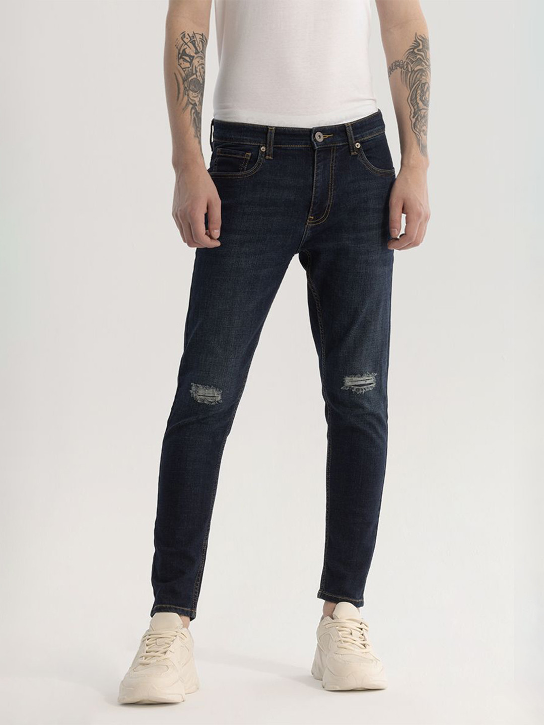 Buy Snitch Men Narrow Skinny Fit Low Distress Light Fade Stretchable ...