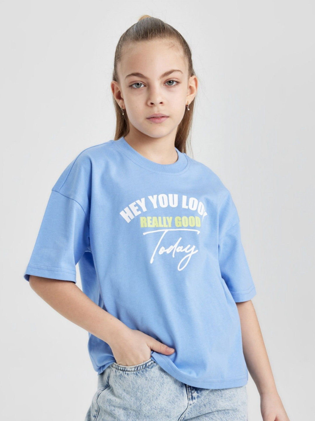 Buy DeFacto Girls Typography Printed Round Neck Cotton T Shirt ...