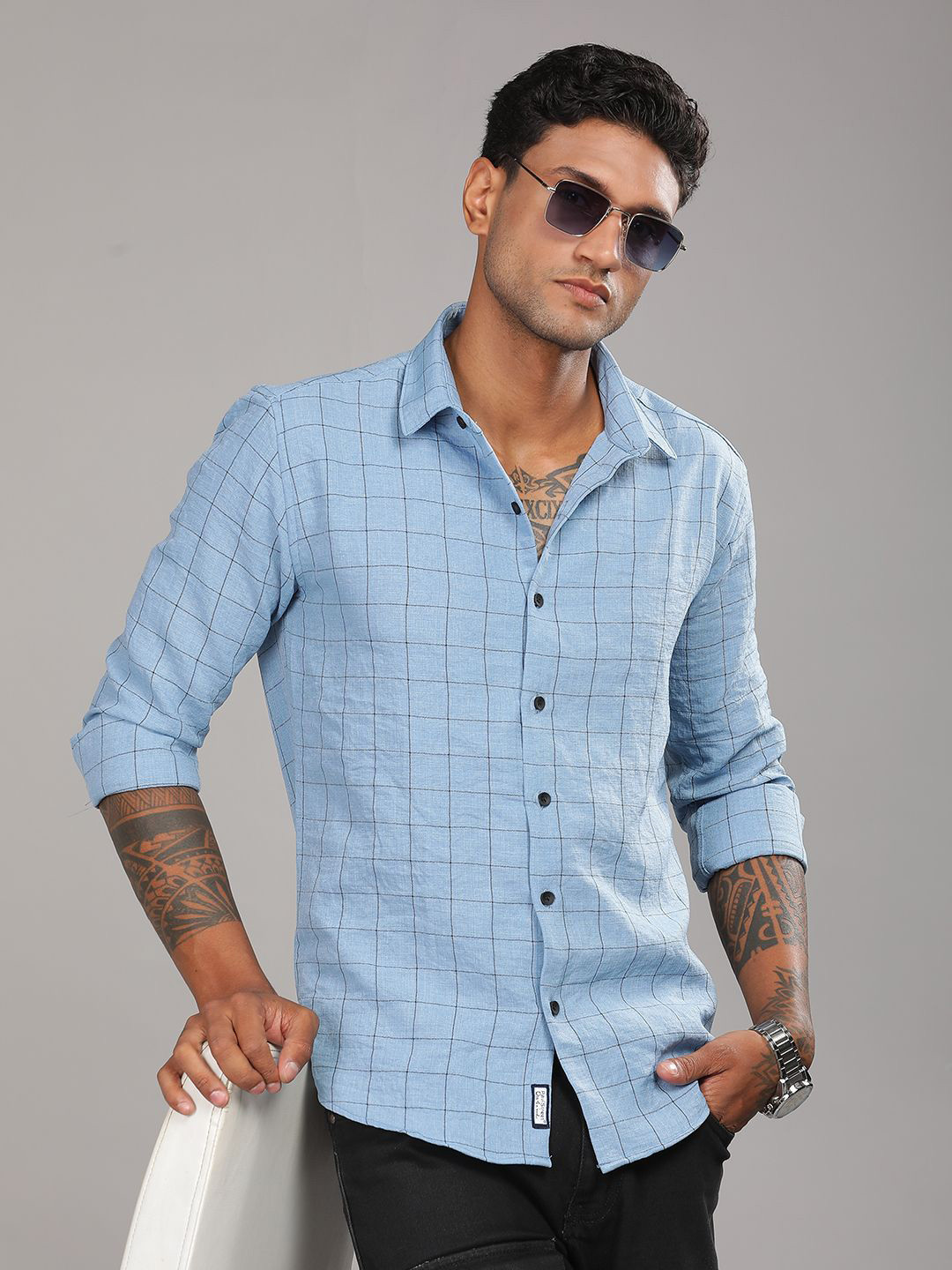 Buy PAUL STREET Men Standard Spread Collar Windowpane Checked Slim Fit ...