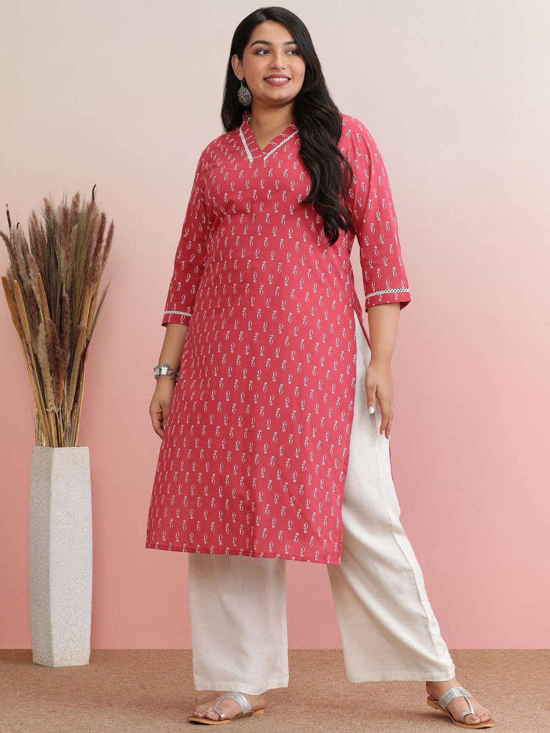 Buy Anayna Plus Size Ethnic Motifs Printed Pure Cotton Straight Kurta ...