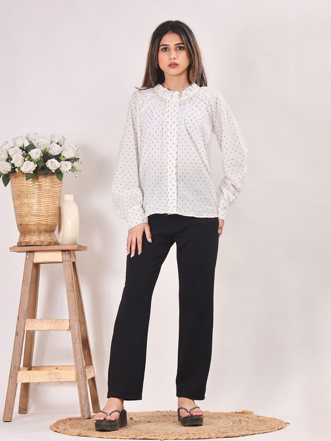 Buy SIDDHO HUM Women Mandarin Collar Micro Ditsy Printed Cotton Casual ...