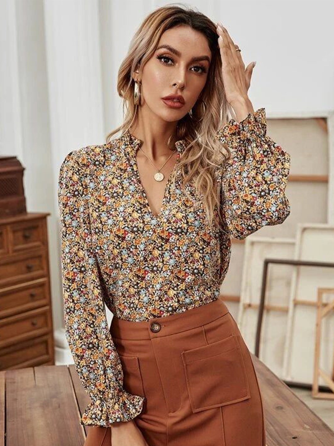Buy Stylecast X Slyck Floral Print Mandarin Collar Puff Sleeve Ruffles