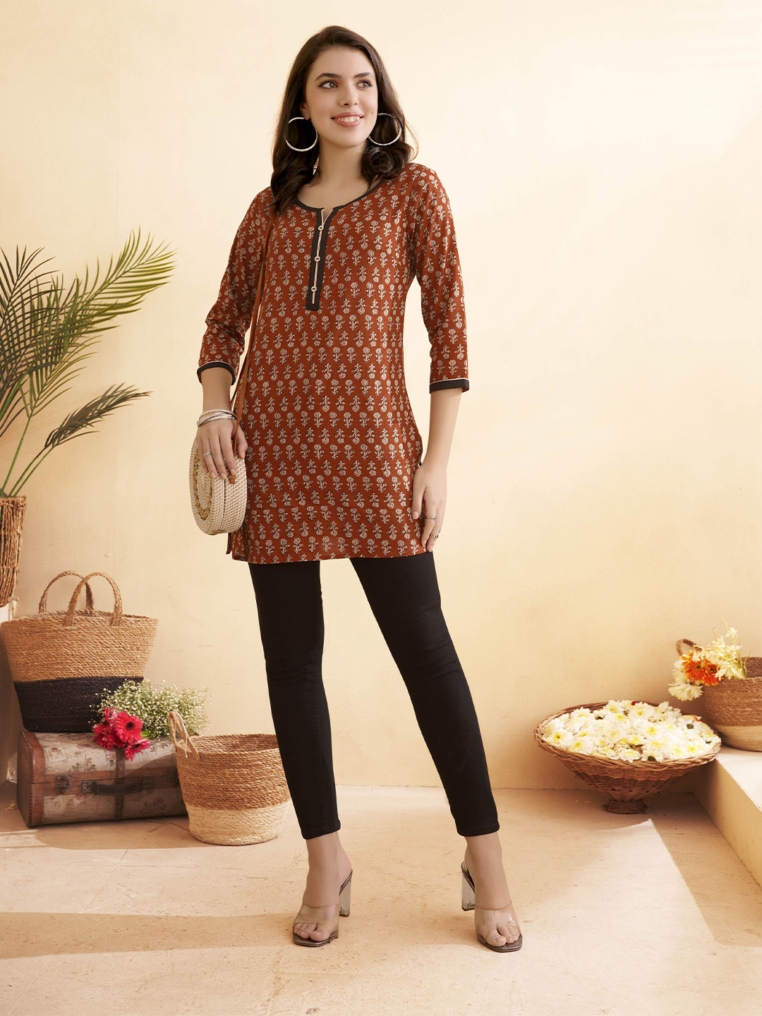 Buy Anouk Ethnic Motifs Printed V Neck Pure Cotton Short Kurti - Kurtis ...