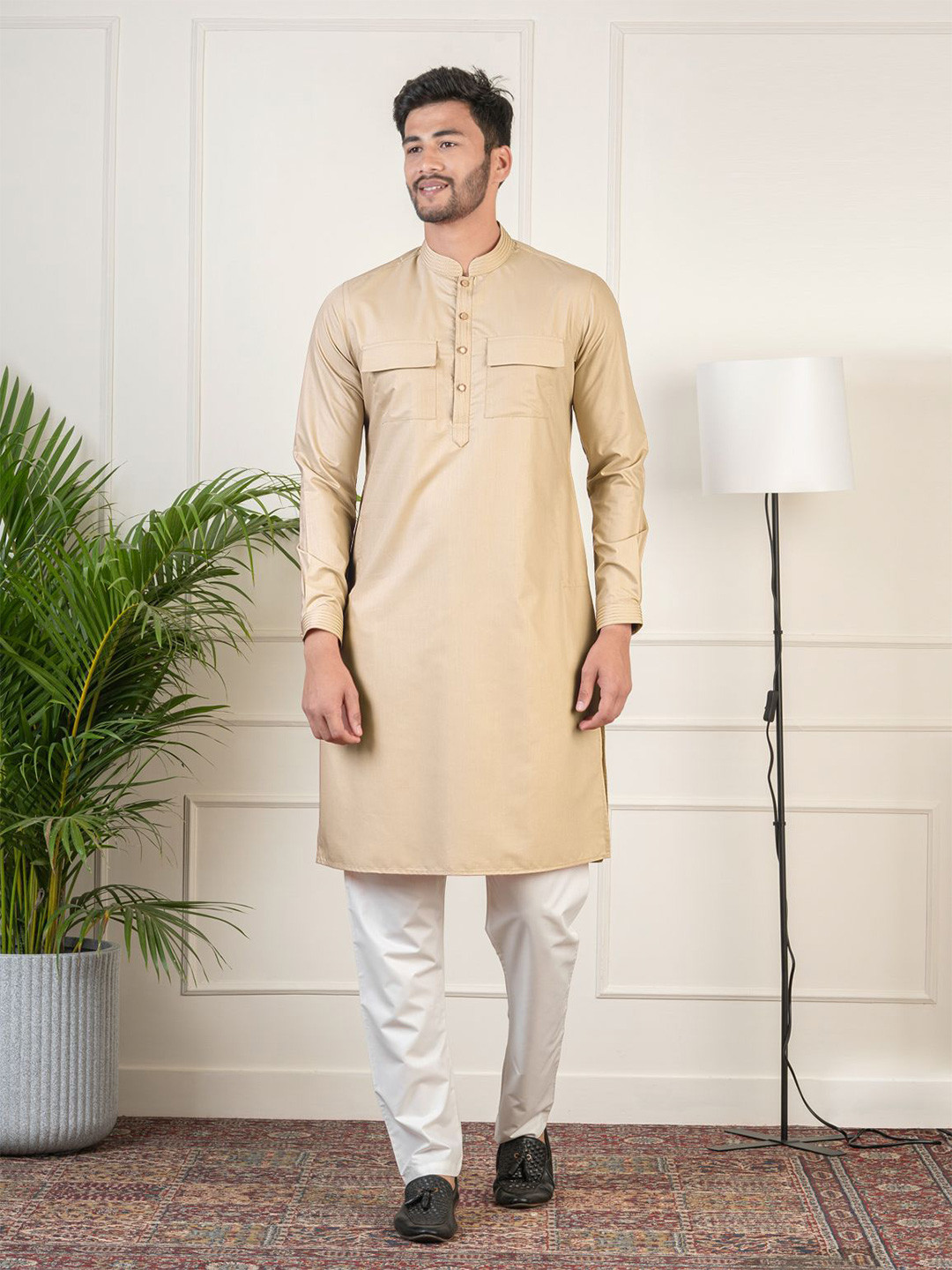 Buy TheEthnic.Co Mandarin Collar Thread Work Pathani Pure Cotton Kurta ...