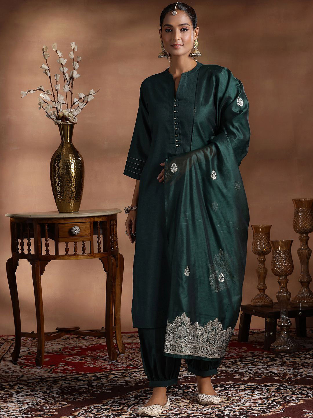Buy Libas Mandarin Collar Zari Straight Kurta With Salwar & Dupatta ...