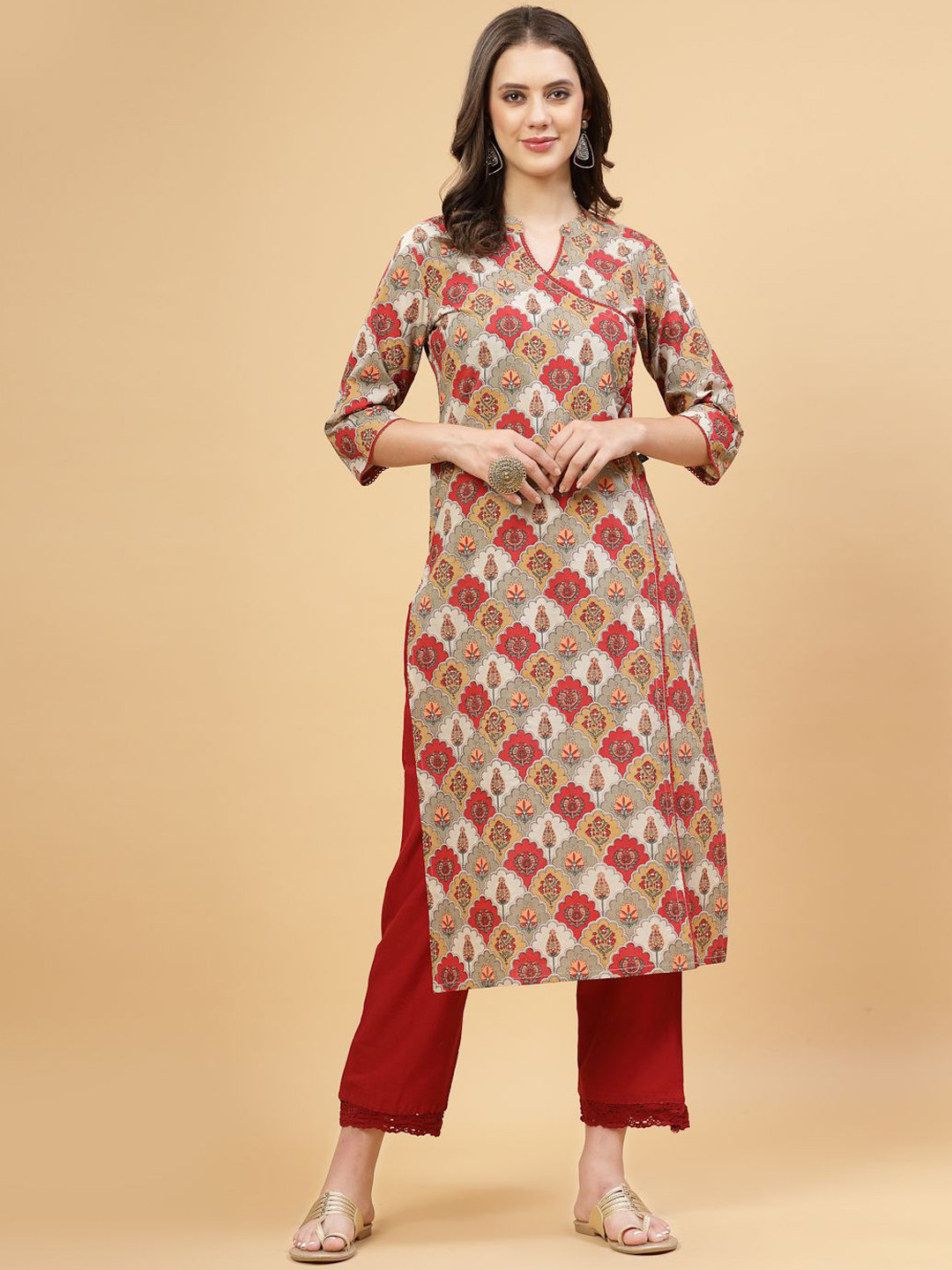 Buy Pistaa Ethnic Motifs Printed Mandarin Collar Pure Cotton Straight ...