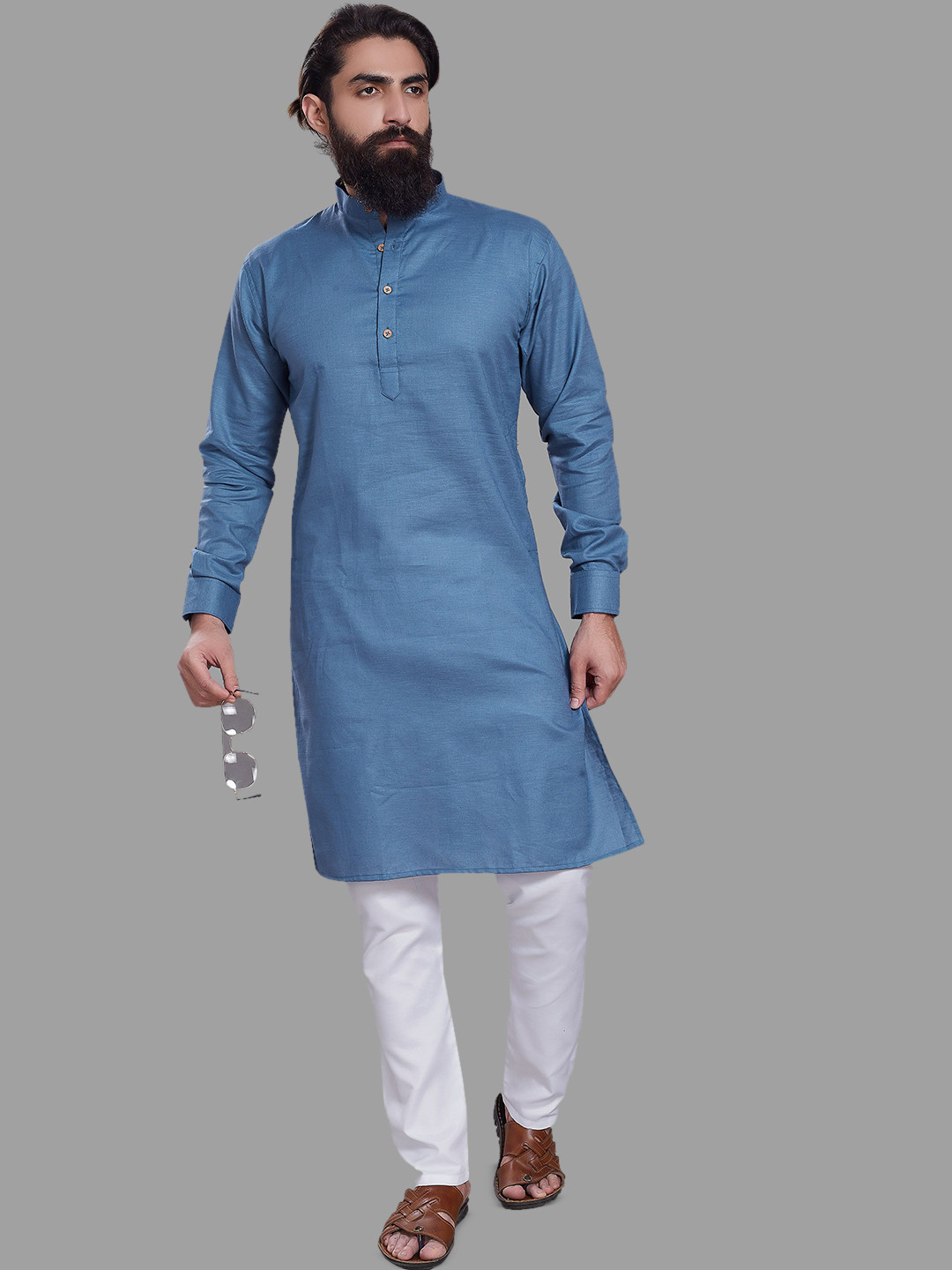 Buy DIVISIVE Band Collar Pure Cotton Straight Kurta - Kurtas for Men ...
